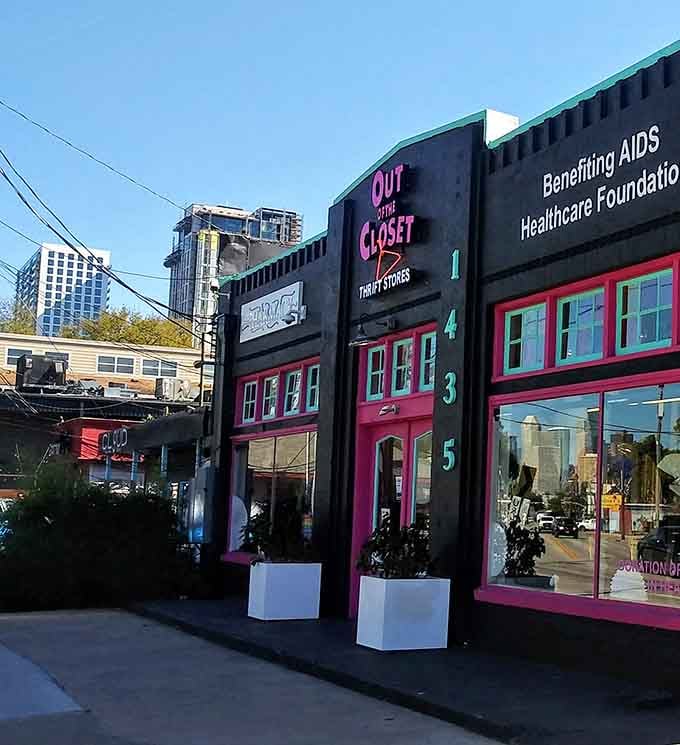 That modern storefront design on a beautiful day makes thrifting feel less like a chore, more like an adventure.