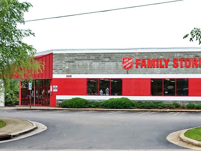 Fresh landscaping and clean architecture create an inviting entrance where charitable shopping feels genuinely welcoming.