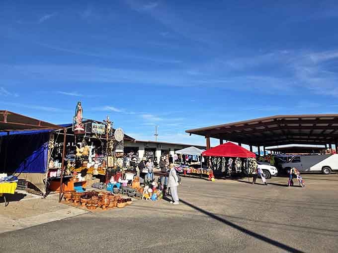 Pottery and handcrafted items fill the outdoor stalls where artisans share their creativity with eager weekend visitors.