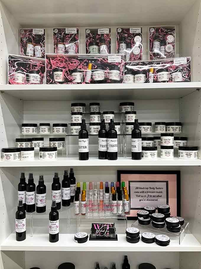 Artisan body products line up like soldiers, offering scents that transport you to simpler times.