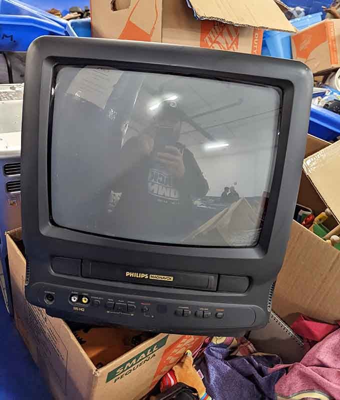 Even old electronics show up in the bins, proving that one person's outdated tech is another's nostalgic treasure.
