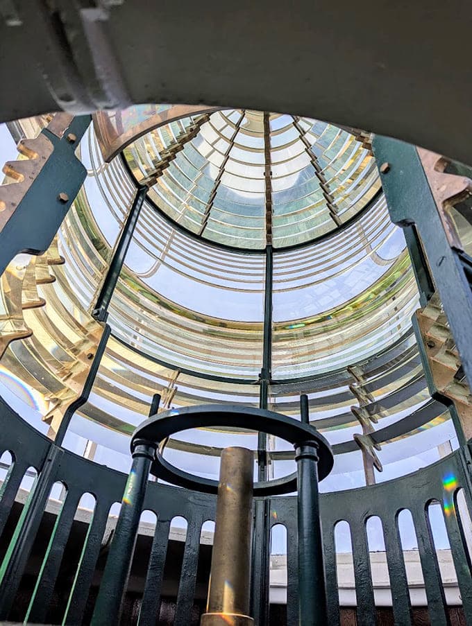 The Fresnel lens up close looks like a giant glass beehive designed by someone who really understood physics.