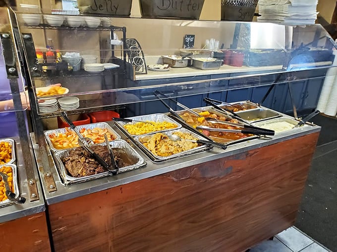 The buffet counter loaded with home-style sides proves that great seafood deserves equally great supporting cast members on your plate.