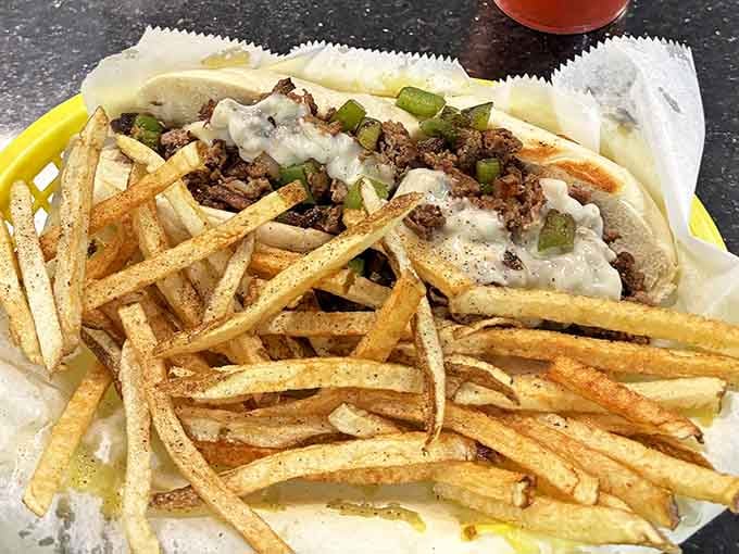 The Philly cheesesteak arrives loaded with meat and cheese, making no apologies for its generous portions or your elastic waistband.
