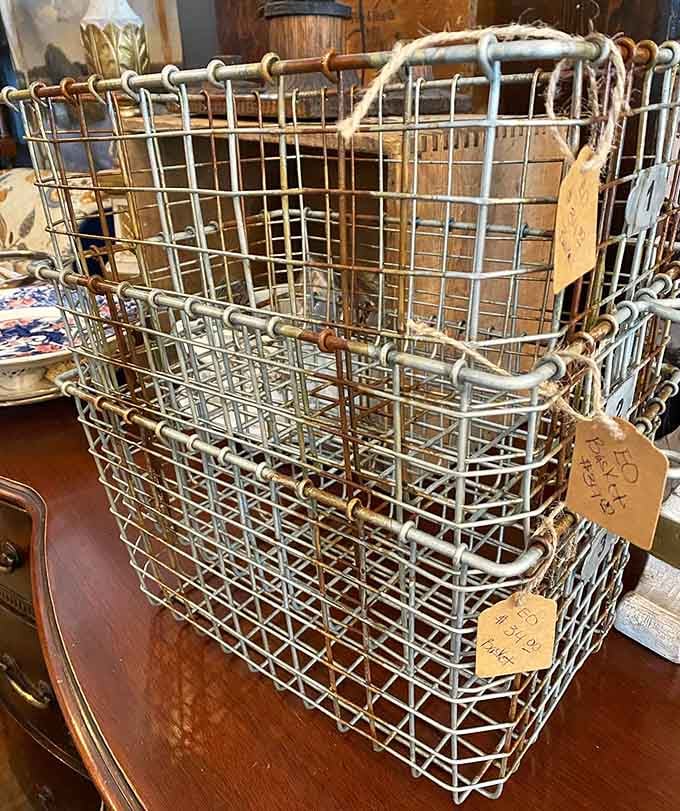Storage solutions from yesteryear! These wire baskets once carried essentials long before Amazon delivered everything to your doorstep.