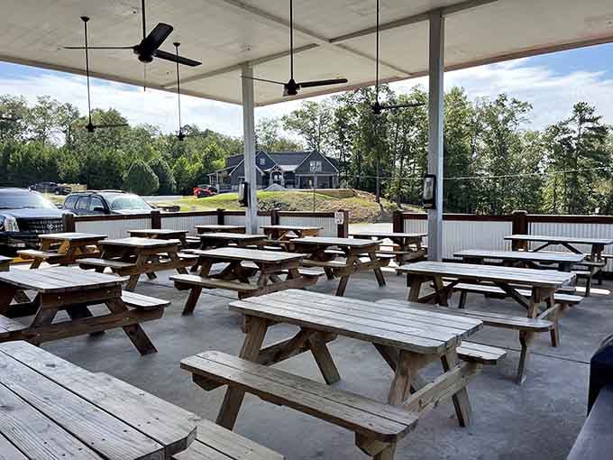 Covered outdoor seating with picnic tables means you can enjoy your barbecue rain or shine, any season.