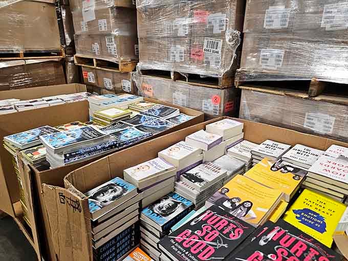 Pallets of books await their destiny on shelves, like actors waiting backstage for their big moment.