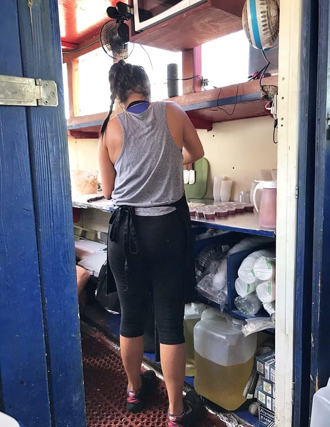 Behind the scenes where the frying magic happens in quarters tighter than a submarine's galley space.