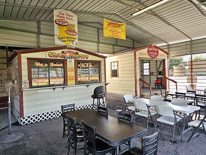 The covered outdoor dining area offers shade, seating, and the perfect spot to devour lunch.