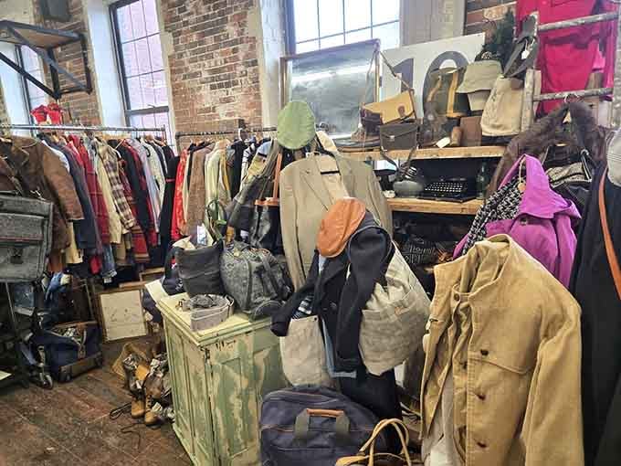 Vintage clothing racks where every piece tells a story and none of them involve questionable overseas manufacturing practices.