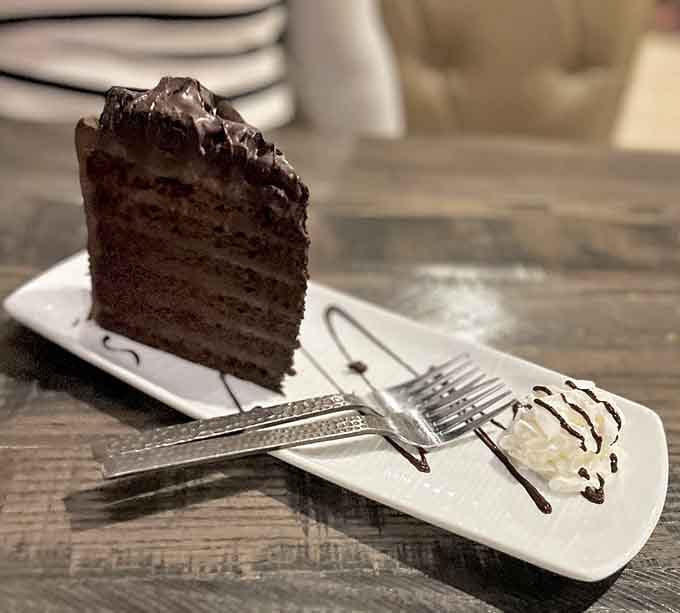After a seafood feast, this chocolate layer cake offers the perfect sweet finale. Decadence doesn't take a break here.