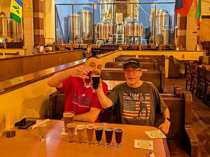 Raising a toast surrounded by fermentation tanks and stained glass is the kind of multitasking we can all get behind.