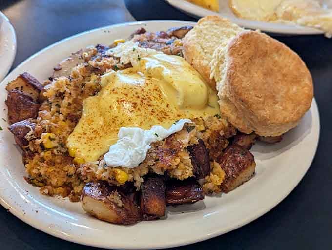 Louisiana Crab Hash with poached eggs and hollandaise. The South meets the Northwest in delicious harmony.