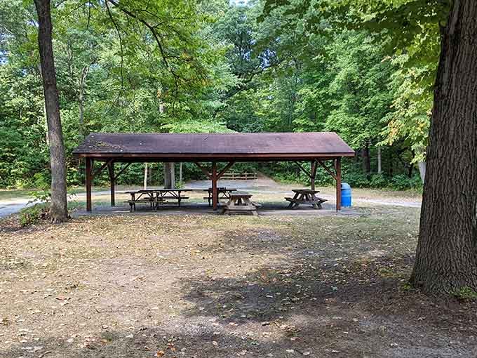 Picnic paradise awaits under this rustic shelter. Even a simple sandwich tastes gourmet when enjoyed in such tranquil surroundings.