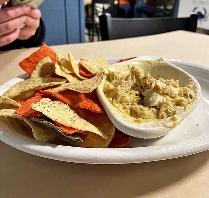 The crab dip arrives bubbling hot, loaded with chunks of real crab meat&mdash;not that imitation stuff&mdash;ready to be scooped up with colorful tortilla chips.