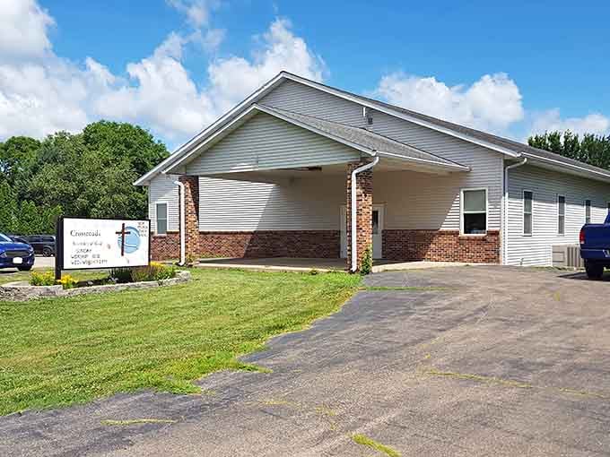 Crossroads Assembly of God stands as one of many gathering places where community bonds form beyond Sunday services.