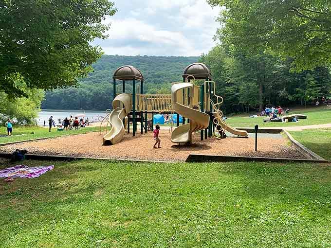 Kids need playgrounds, even in paradise, where swings and slides meet lakeside views and mountain air.