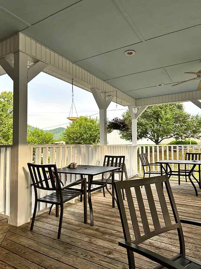 Outdoor seating with mountain views means you can enjoy your meal while nature provides the perfect dining soundtrack.
