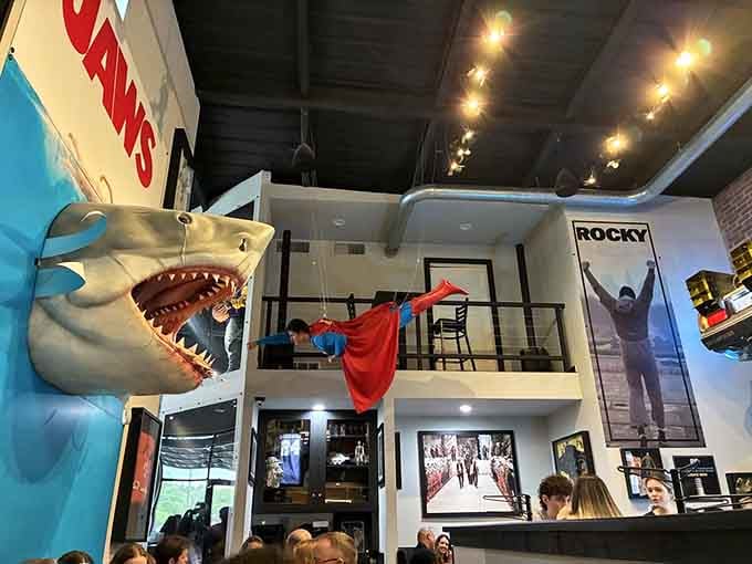 Superman battles a shark while Rocky celebrates victory, because why should dining be boring and predictable?