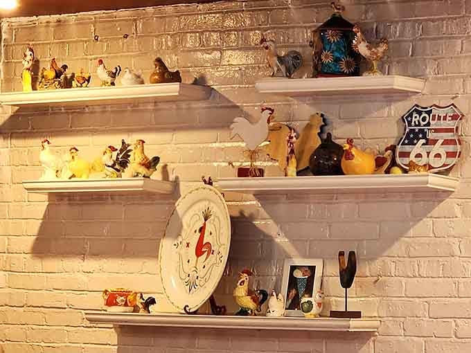 Route 66 memorabilia and chicken figurines create a whimsical museum dedicated entirely to American road trip nostalgia.