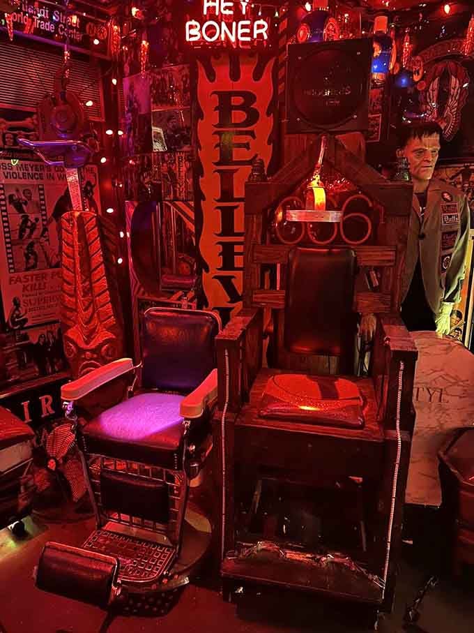 A vintage barber chair and electric chair prove no theme is too strange for inclusion.