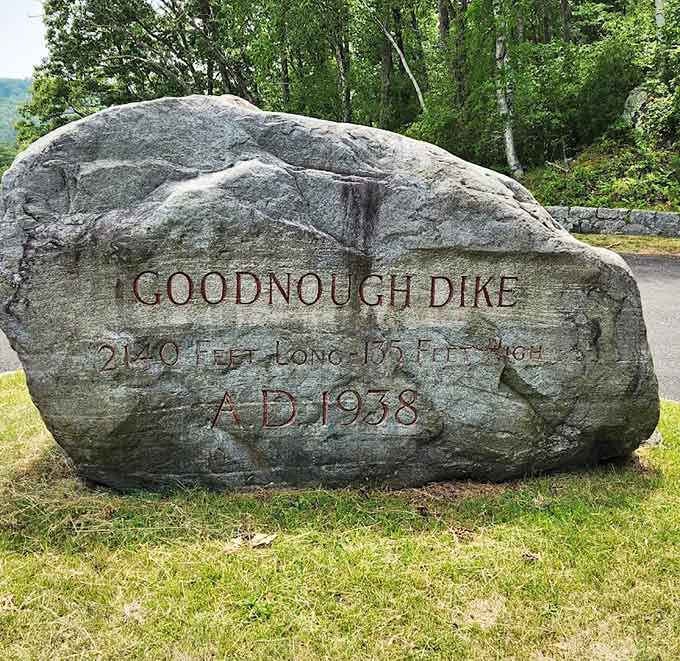 The Goodnough Dike marker tells stories of engineering ambition carved permanently into New England granite.
