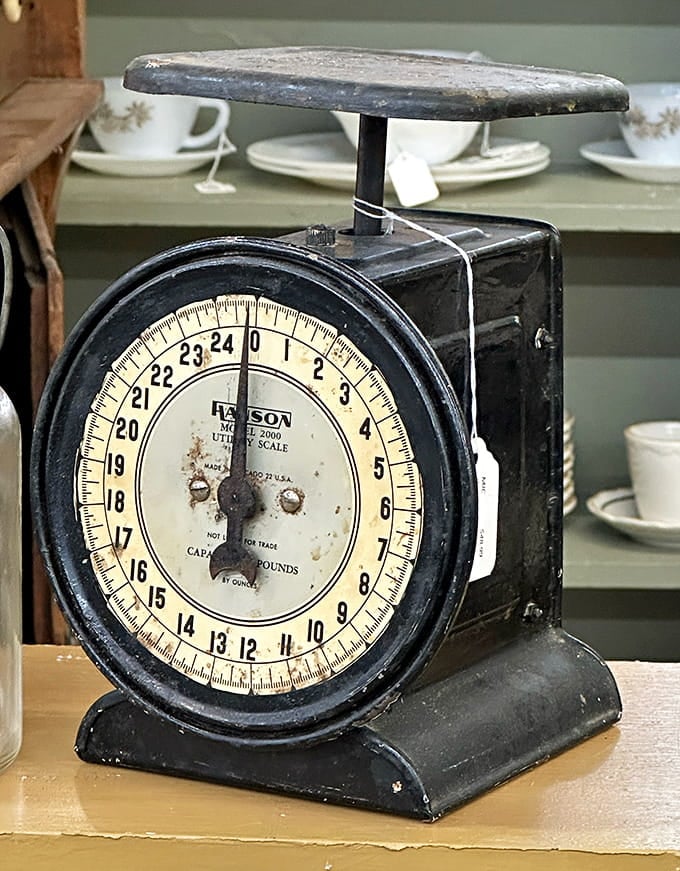 Vintage kitchen scales that weighed ingredients before digital displays made everything too easy and accurate.