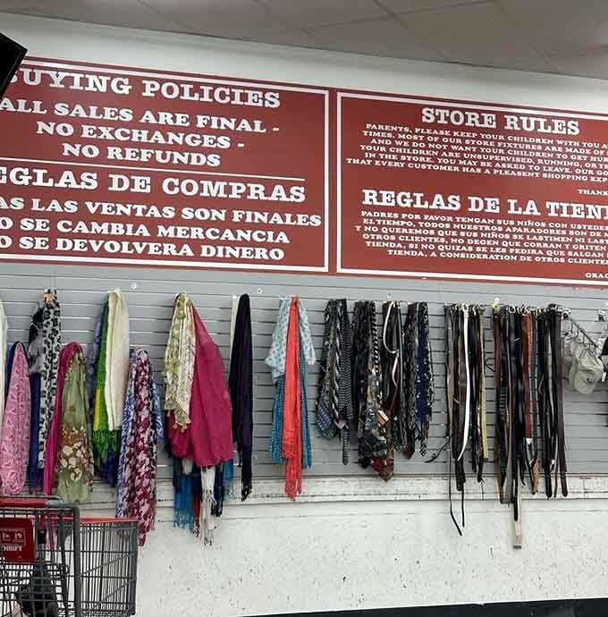 Scarves and belts hanging like a textile art installation, waiting to add that perfect finishing touch to any outfit.