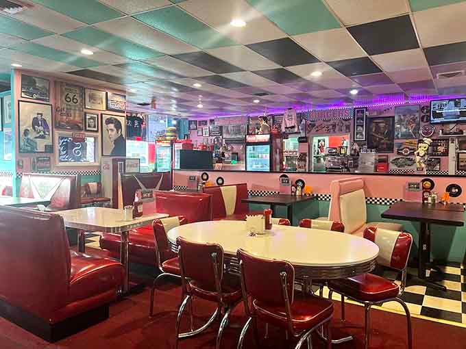 Round tables and chrome-trimmed chairs create the perfect setting for lingering conversations over coffee and pie.