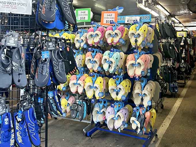 Flip-flops in every color imaginable, because in Florida, fancy footwear means choosing between neon and pastel.