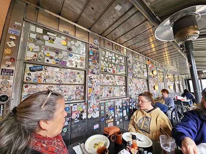 Locals catching up over coffee and breakfast, continuing a tradition that's been happening at this counter for generations.