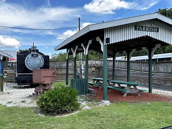 The Parrish depot provides a shaded spot to rest between adventures, looking exactly like every small-town station from classic American films.