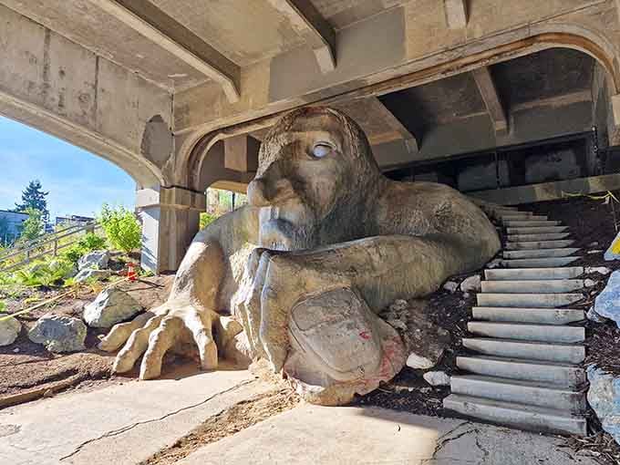 Those stairs lead up to the bridge above, where drivers remain blissfully unaware of what lurks below.