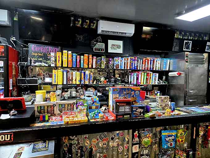 The counter doubles as a collectibles showcase, turning every order into a treasure hunt for fans.