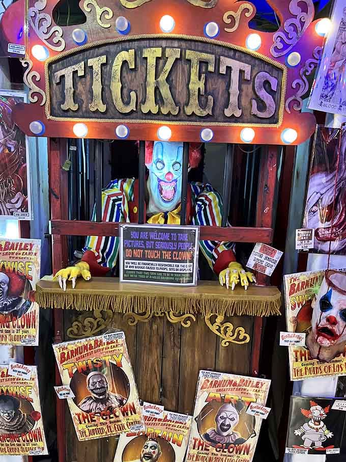 A carnival ticket booth staffed by terrifying clowns, because regular clowns weren't nightmare-inducing enough already.