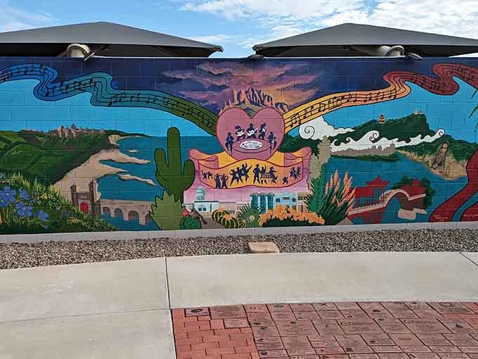 Colorful murals celebrate Arizona culture and add artistic flair to functional spaces throughout the park grounds.