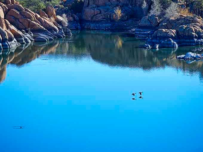 Two ducks glide across glass-smooth water, living their best life among these ancient stone sentinels.