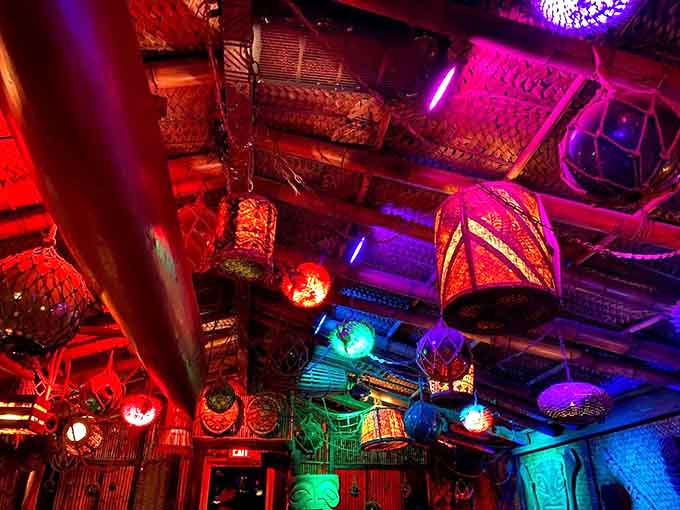 The ceiling alone deserves its own tour, packed with vintage treasures and colorful lighting that mesmerizes.