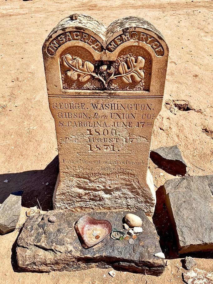 This ornate headstone for George Washington Gibson reveals the artistry and care that went into honoring the departed, even in remote settlements.