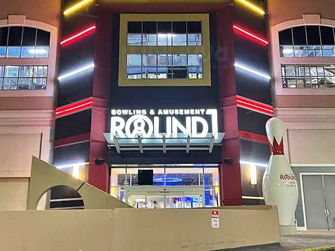 Round1's neon glow beckons like a carnival, because bowling should always feel a little festive.