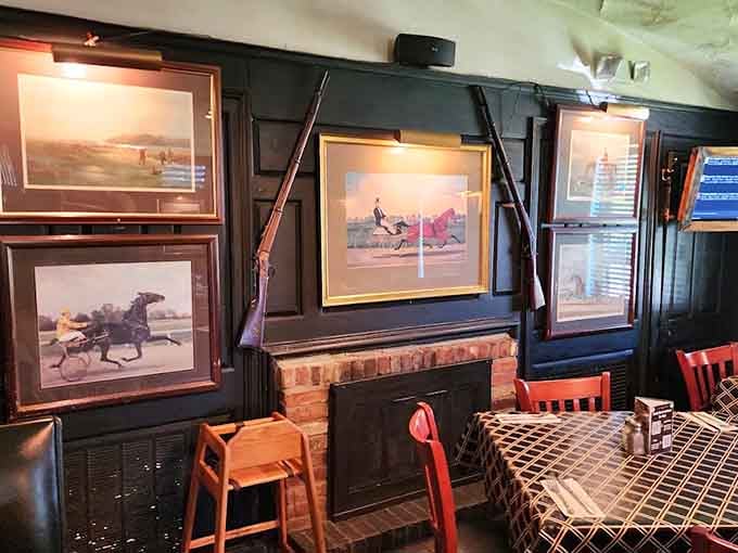 Vintage artwork and crossed rifles create an atmosphere that's part hunting lodge, part time capsule, all character.