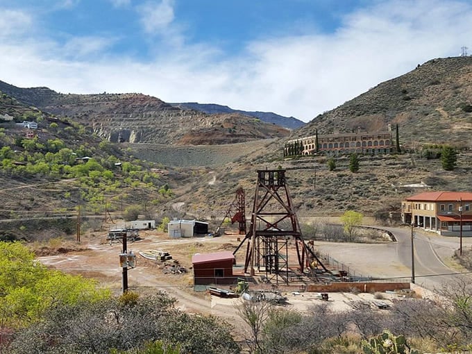 The Audrey Headframe towers over the mining valley, a skeletal reminder of Jerome's industrial past.