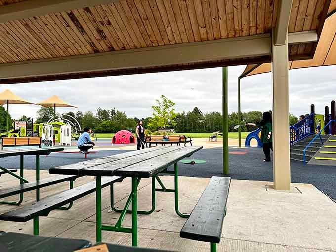 Covered picnic shelter provides the perfect lunch spot when your kids finally admit they're actually hungry.