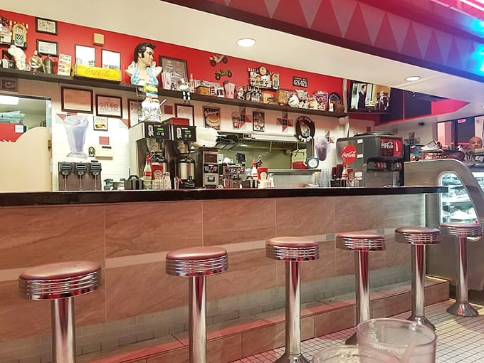 Chrome stools at the counter offer front-row seats to the culinary action and unlimited coffee refill opportunities galore.
