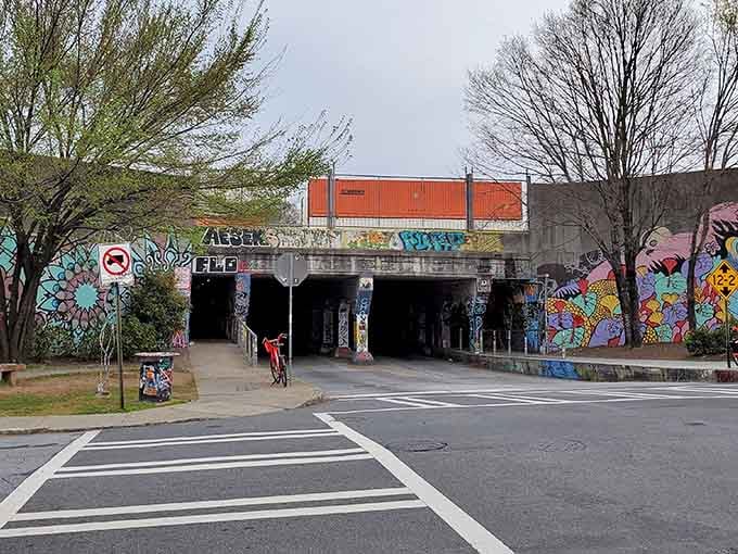 The pedestrian crossing marks the threshold between ordinary Atlanta streets and this extraordinary explosion of color and creativity.