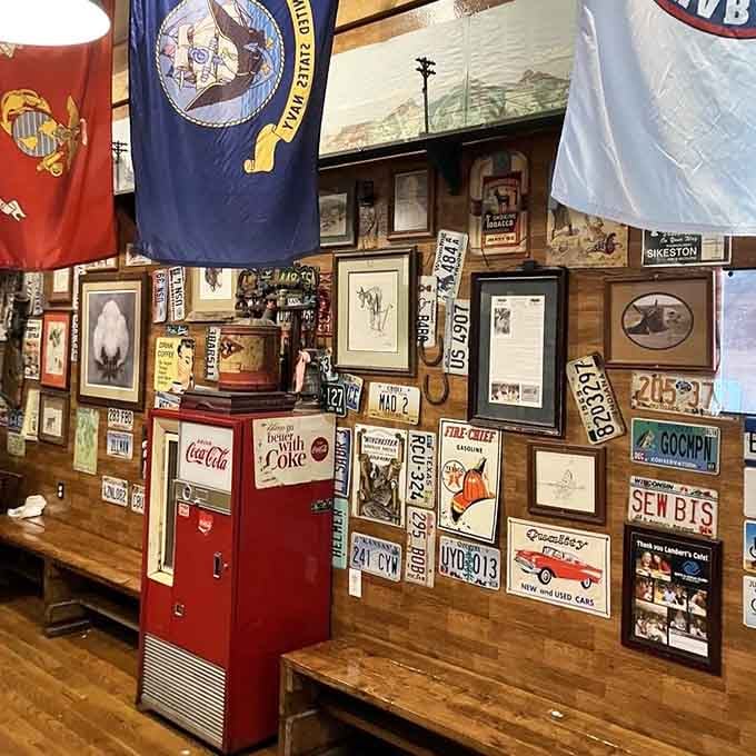 Vintage signs and license plates create a nostalgic atmosphere that feels like America's favorite attic.