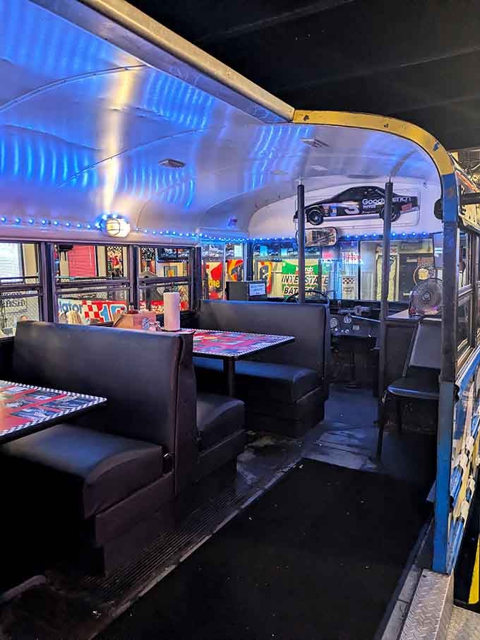 Dining under race car hoods and sponsor banners: it's like eating in a garage, but cleaner and tastier.