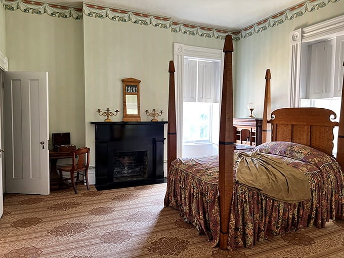 Tall bedposts and period furnishings transport you to when getting into bed required actual climbing skills and determination.