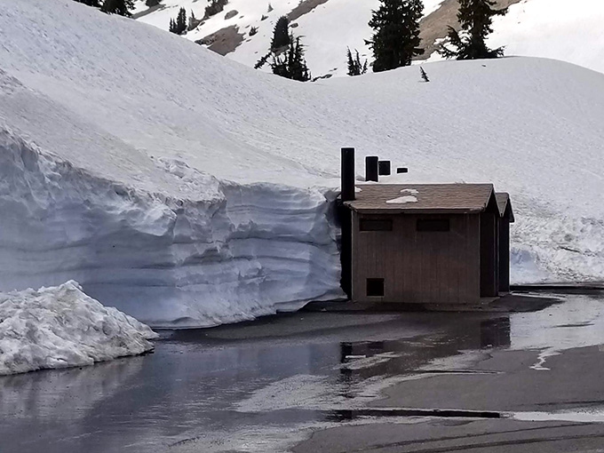 Even restrooms get buried under epic snowfall here, creating the world's most dramatic bathroom backdrop for spring visitors.