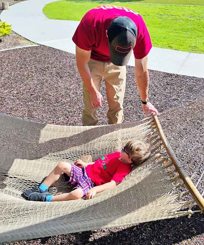 A hammock where bonding happens naturally, no screens required, just gravity and giggles doing their thing together.